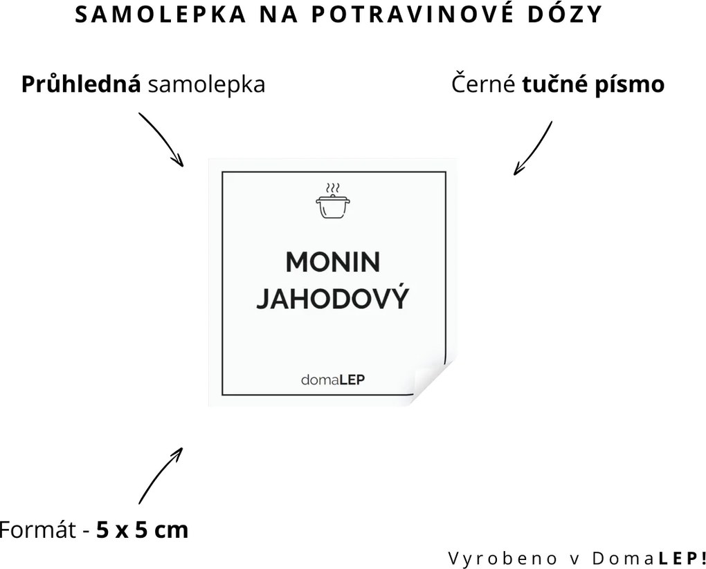 MONIN JAHODOVÝ - omyvatelná samolepka na dózu, výběr rozměrů Ø 5 cm / 5 x 5 cm / 6 x 8 cm | DomaLEP tvar: KOLEČKO, barva: PRŮHLEDNÁ - ČERNÉ písmo, velikost: Ø 5 cm - tučné písmo