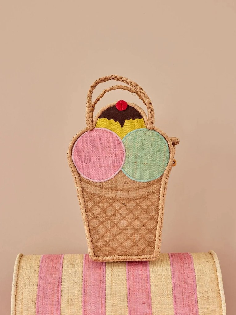 rice Úložný košík Raffia Ice Cream, růžová barva, zelená barva, přírodní barva