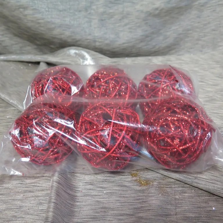 Koule ratanové červené s třpytkami 10cm, 6ks