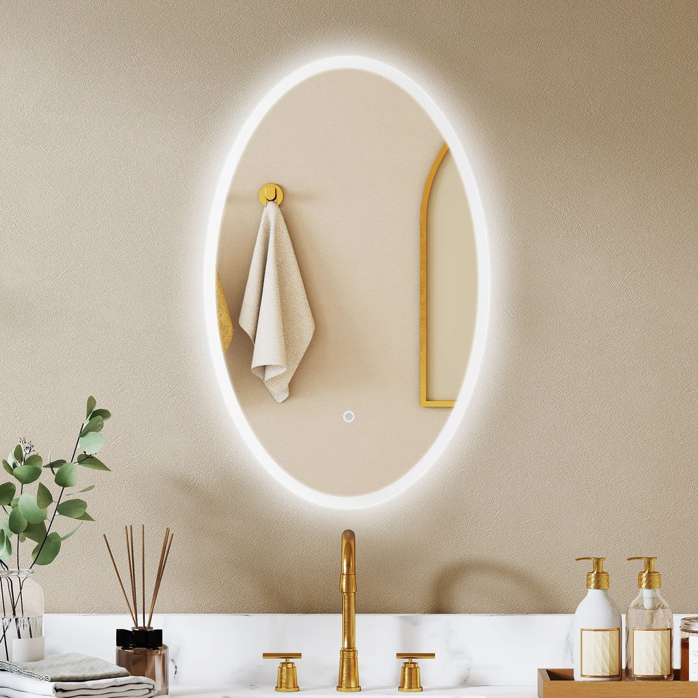 HOMCOM koupelnové zrcadlo s osvětlením 80 x 50 cm, oválné LED zrcadlo, proti zamlžení, 3 barvy světla, stmívatelné, transparentní