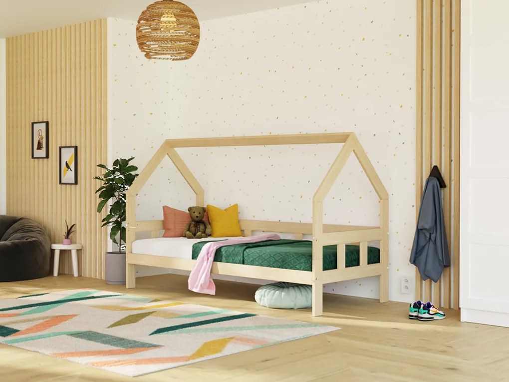 Benlemi Dětská postel domeček FENCE 2v1 ze dřeva se zábranou Zvolte barvu: Nelakovaná, Zvolte rozměr: 90x200 cm, Zvolte zábranu: S jednou zábranou