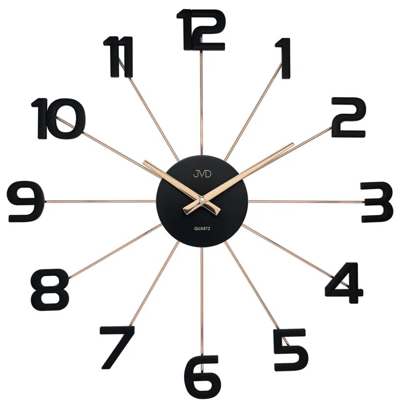 JVD Designové černé rose gold paprskovité kovové hodiny JVD HT072.3 s číslicemi