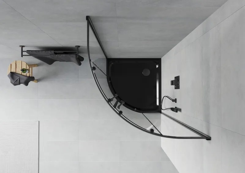 Mexen Rio, čtvrtkruhový sprchový kout 80 x 80 cm, 6mm čiré sklo, černý profil + černá sprchová vanička, 863-080-080-70-00-4170B