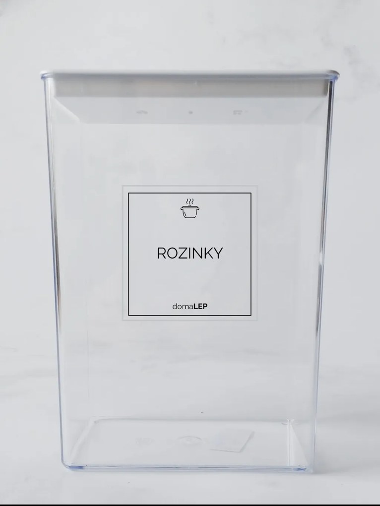 ROZINKY – průhledná samolepka na dózu, základní písmo, 5 x 5 cm | DomaLEP