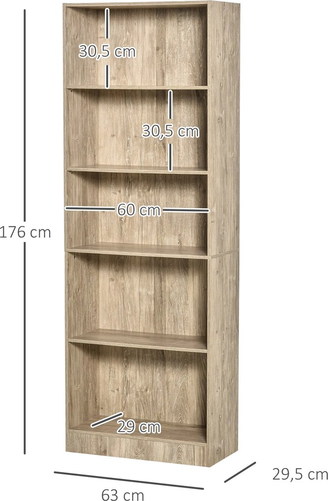 HOMCOM 5-úrovňová knihovna se 3 nastavovacími policemi, Antiklopná úložná skříň pro obývací pokoj, kancelář, studovnu 63x29,5x176 cm Přirozené dřevo