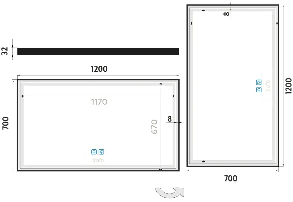 Nimco Černé LED zrcadlo 1200x700 se dvěma dotykovými senzory - ZPC 13006VX-90
