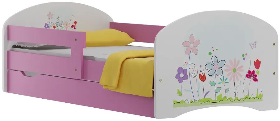 Dětská postel s motivem BLUMEN  se zábranou Rozměr: 200x90, Matrace: bez matrace, Barevná kombinace: BÍLÁ/DUB SONOMA