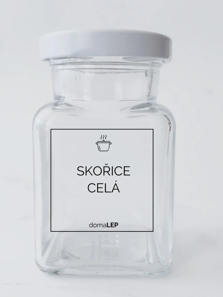 Samolepka na kořenky SKOŘICE CELÁ průhledná 5 × 5 cm základní písmo
