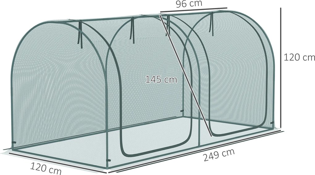 Outsunny mini skleník 2,49x1,2 m s dveřmi na ochranu rostlin na zahradu a balkon, ocelový rám a HDPE síť tmavě zelená | Aosom.de