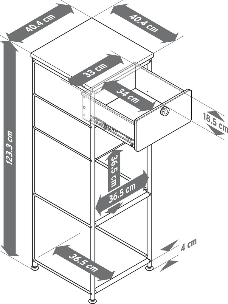 Tchibo - Úzká kovová komoda »Cn3« s dřevěnou deskou a 2 zásuvkami - barva: šedá