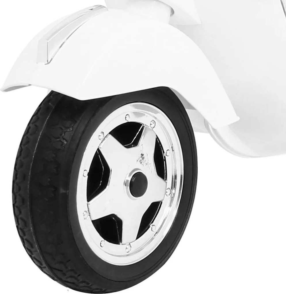 Ramiz Elektrický skútr Vespa pro děti bílý + pomocná kolečka + audio + ekokůže + EVA + plynulý start