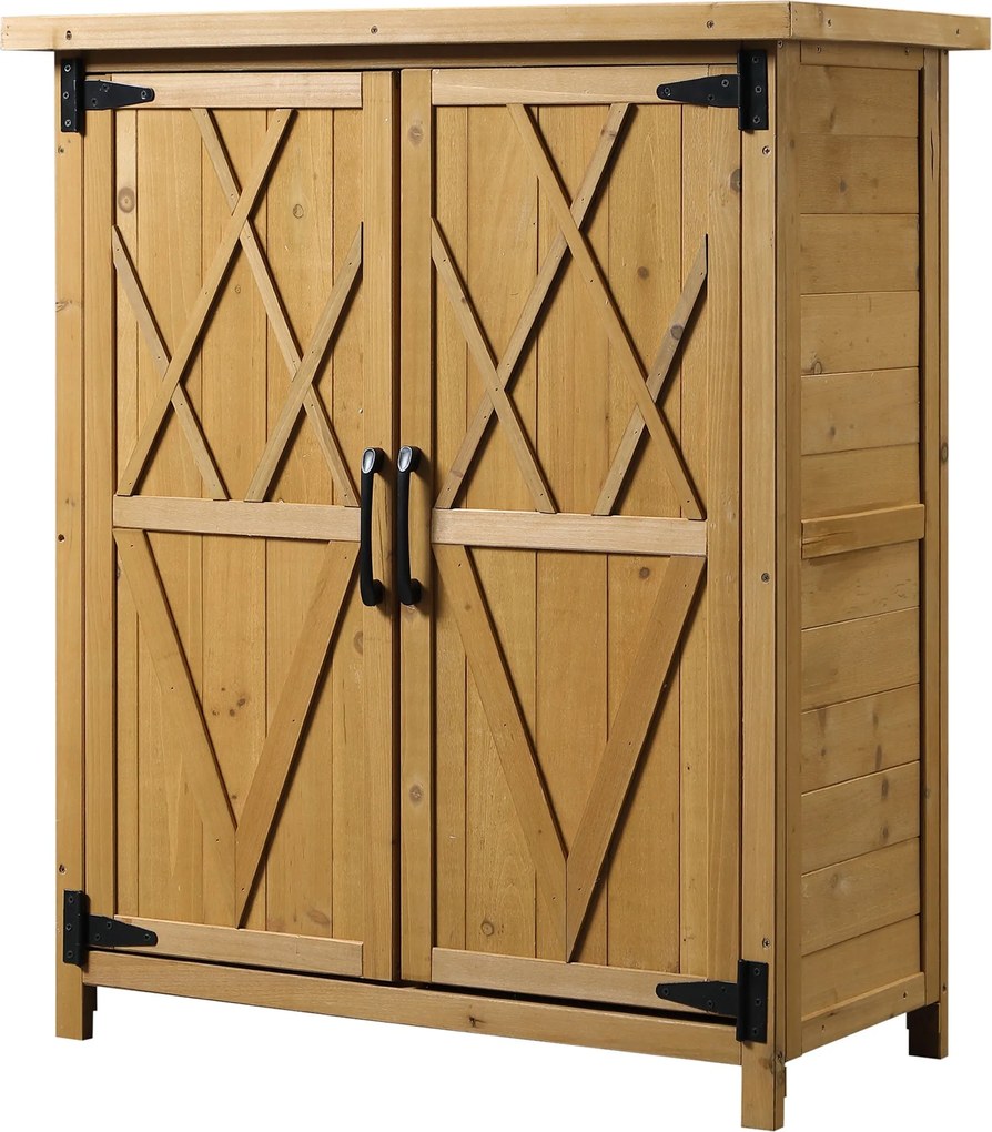 Outsunny Venkovní Dřevěná Úložná Skříň 0,24 m² 75x40x90 cm Zahradní Domek s 2 Dveřmi, 4 Policemi a Pozinkovanou Střechou pro Úložný Prostor Nářadí | A