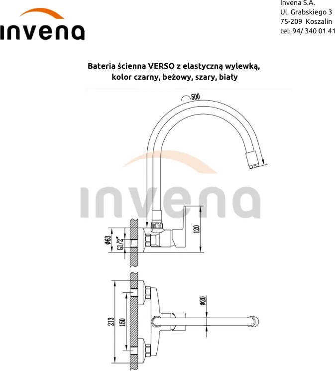 Invena Verso, nástěnná kuchyňská baterie 150mm s elastickým ramenem, černá matná, INV-BC-82-E44-L