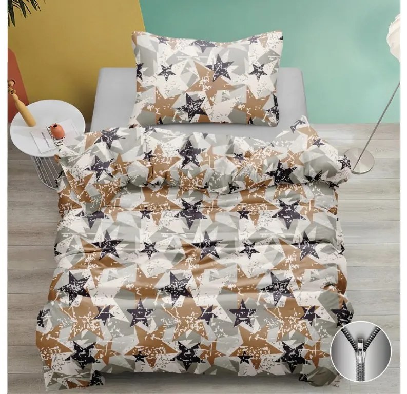 Bavlněné povlečení BROWN STARS bílé + prostěradlo jersey EXCLUSIVE 90x200 cm béžové