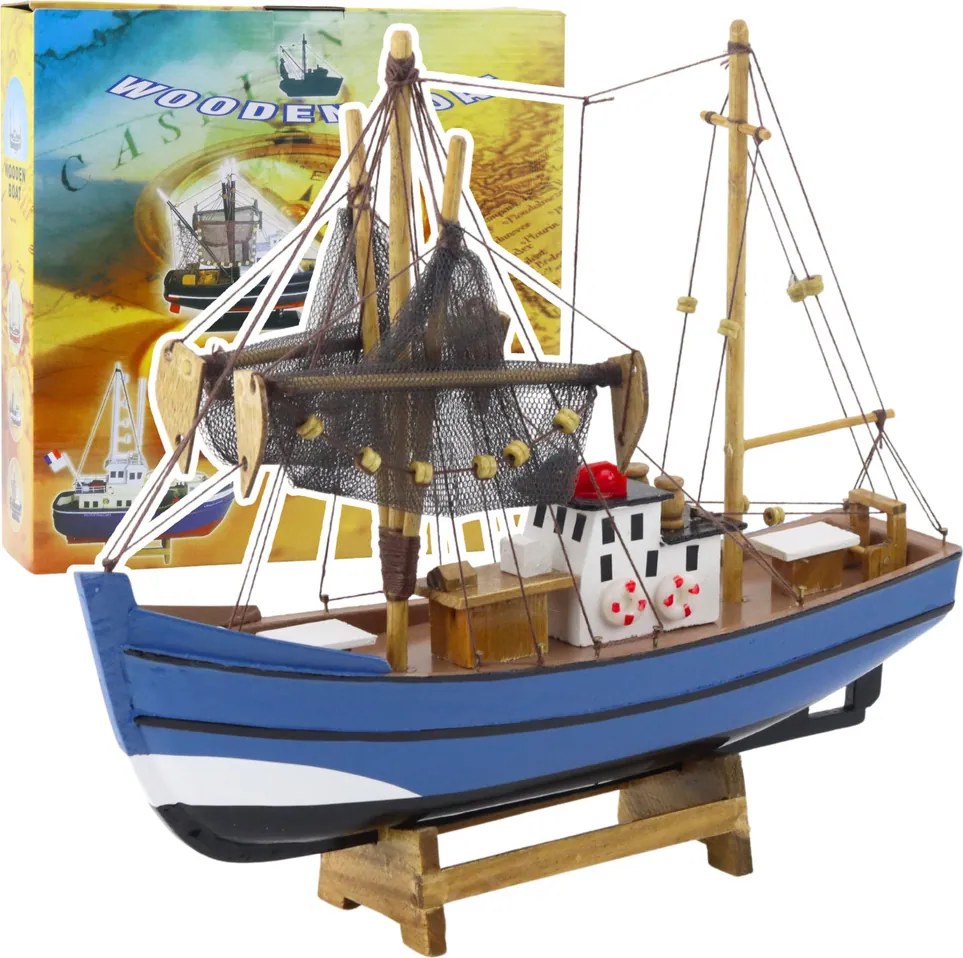 LEAN Toys Sběratelský dekorativní model rybářské lodi modrý 30x26 cm