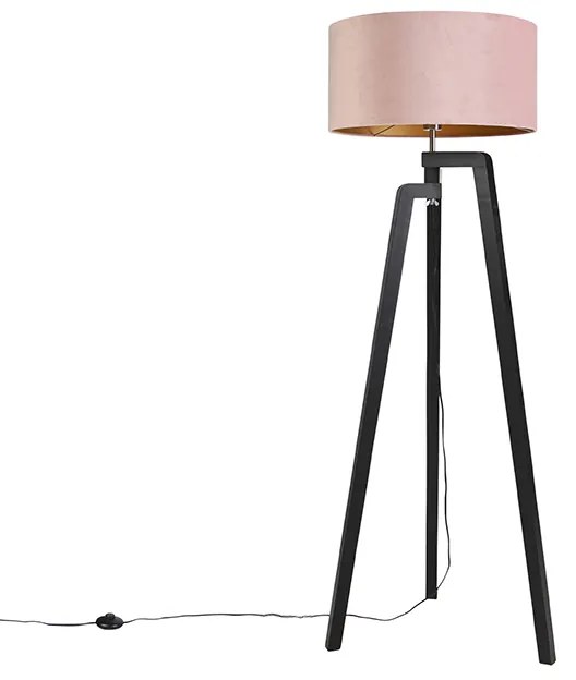 Stojací lampa trojnožka černá s růžovým stínítkem a zlatem 50 cm - Puros