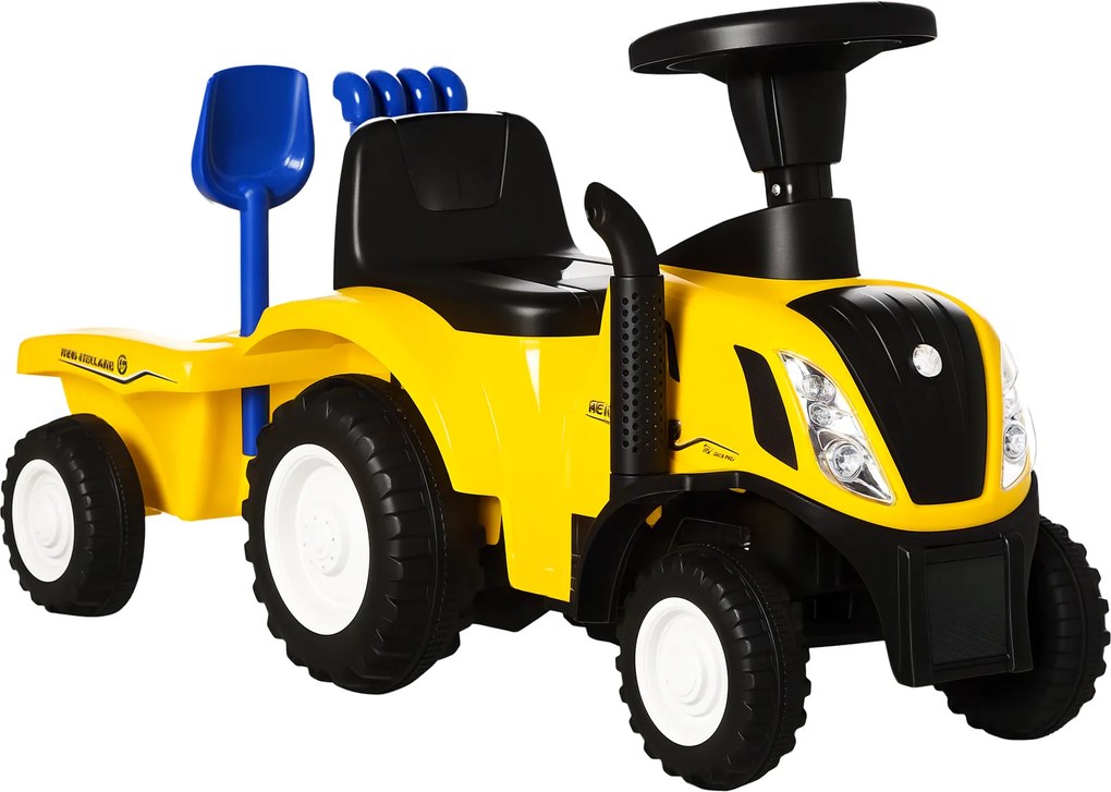 HOMCOM dětské jezdící auto s přívěsem pro 2 roky, žluté dětské vozidlo traktor z plastu a kovu, jezdící vozidlo pro interiér a exteriér | Aosom.de