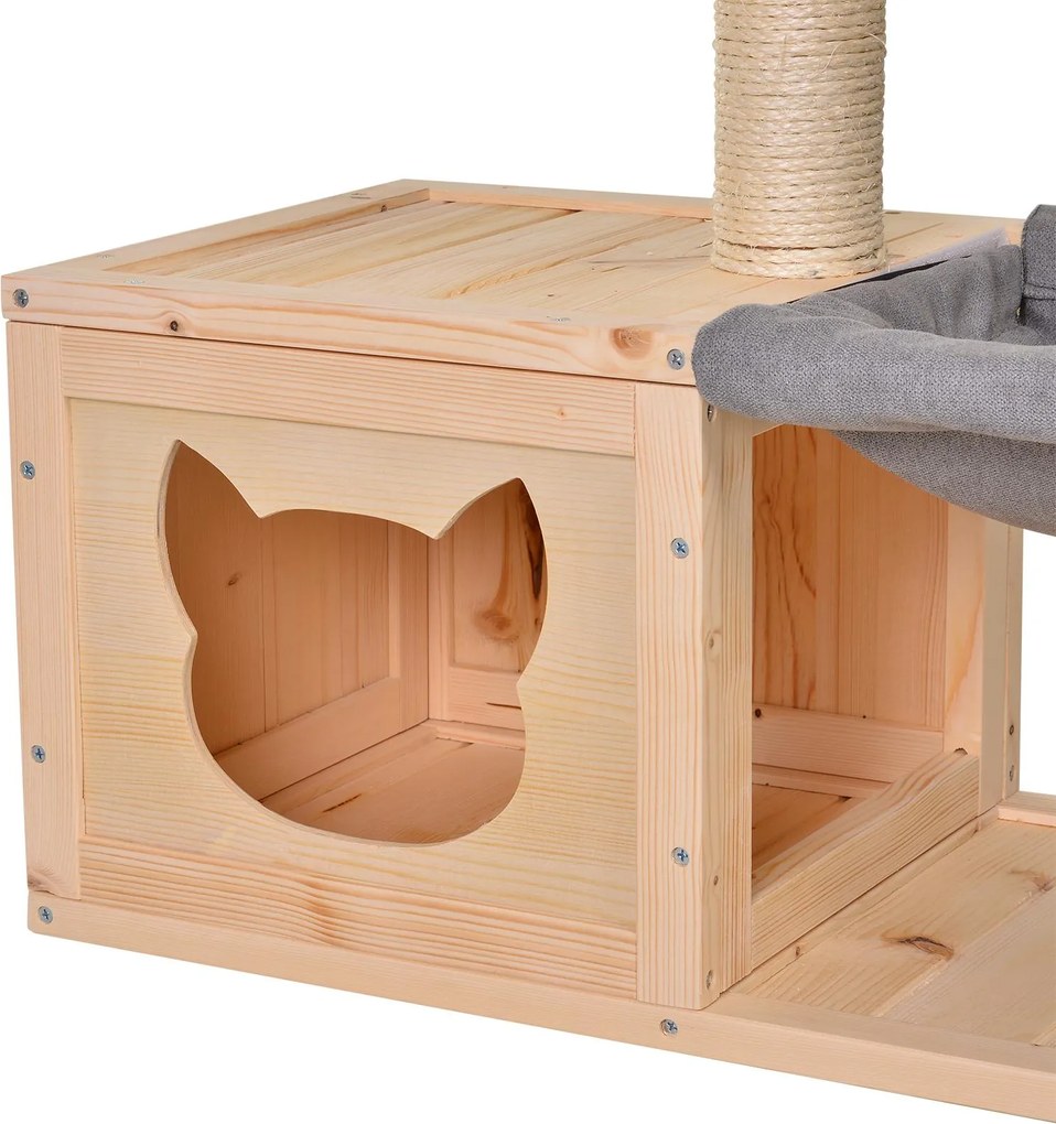 Kočičí domeček PawHut s houpací sítí a sisalovým kmenem, box pro kočky z jedlového dřeva, přírodní 70x35x60cm pro milovníky koček | Aosom.de