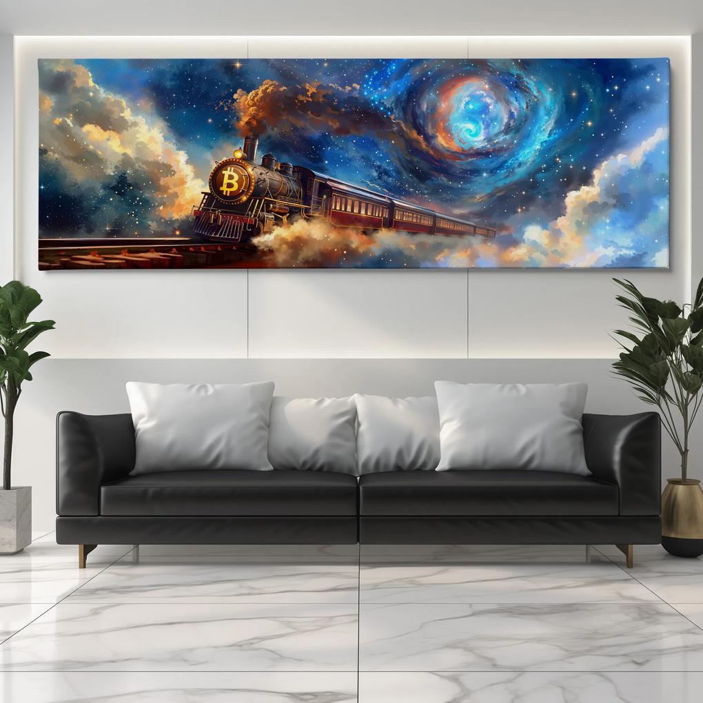 Obraz na plátně - Bitcoin, vesmírný parní vlak FeelHappy.cz Velikost obrazu: 120 x 40 cm