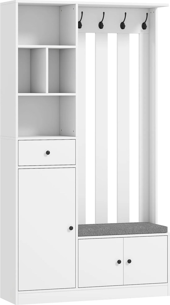 HOMCOM 180 cm skříň na předsíň s věšákem na oblečení, botníkem, 4 háčky, otevřené odkladací plochy, MDF, bílá