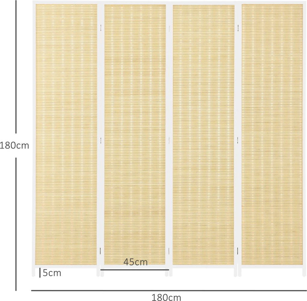 HOMCOM Skládací Oddělovač Místnosti 4 Panely 180x180 cm Ručně Tkaný z Bambusu a Bavlny Elegantní Dekorace do Obývacího Pokoj Bílá