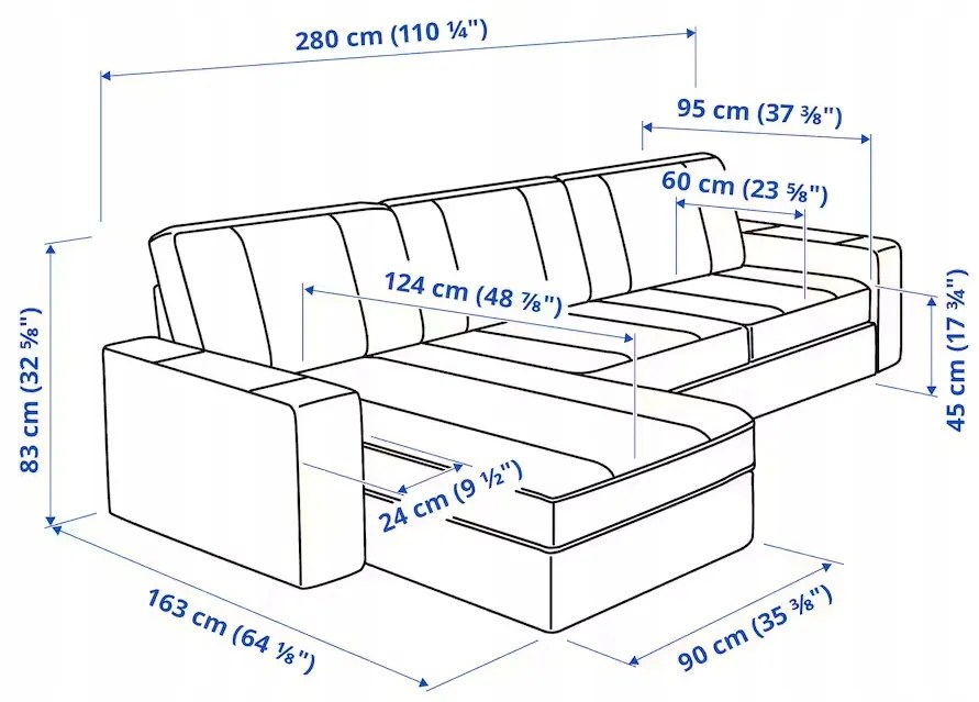 IKEA KIVIK 3místná pohovka s lenoškou, Kelinge šedotyrkysová