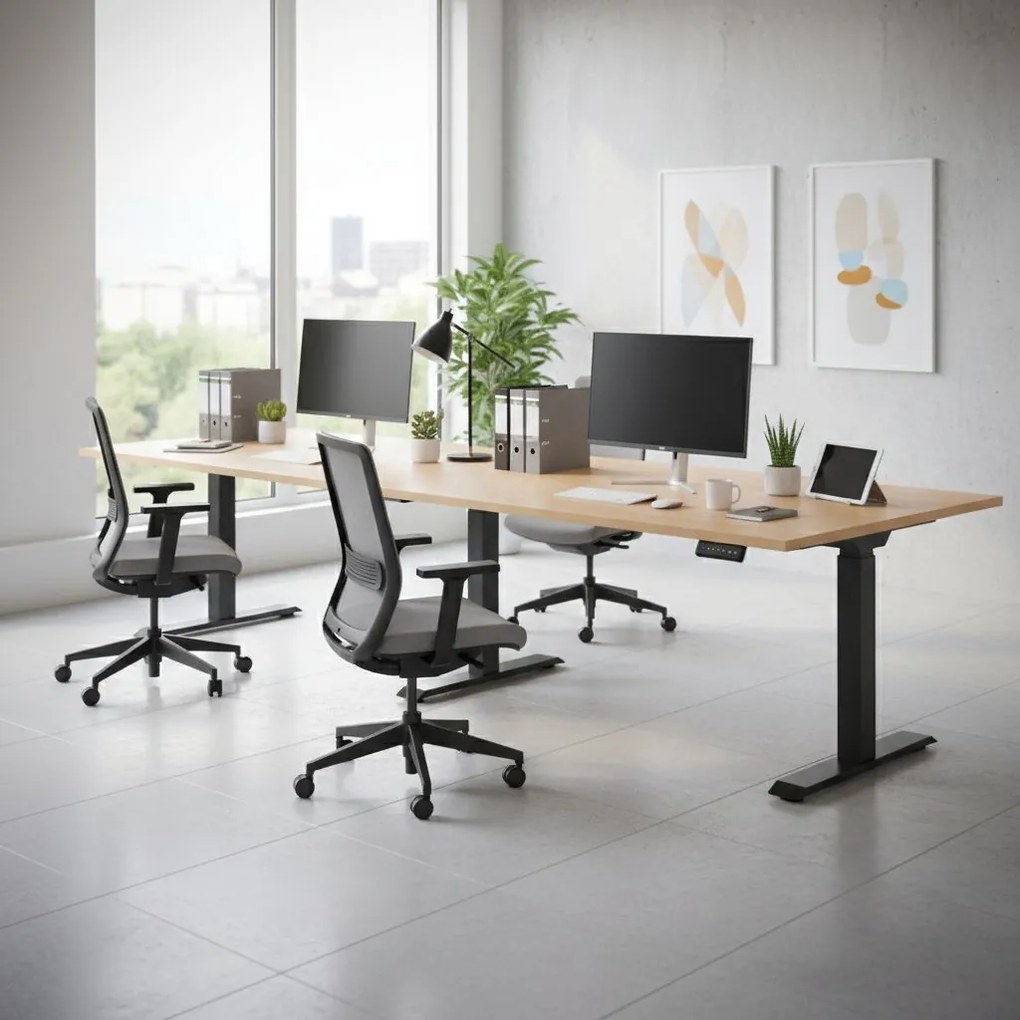 Výškově nastavitelný stůl OfficeTech Long, 260 x 80 cm, černá podnož, buk