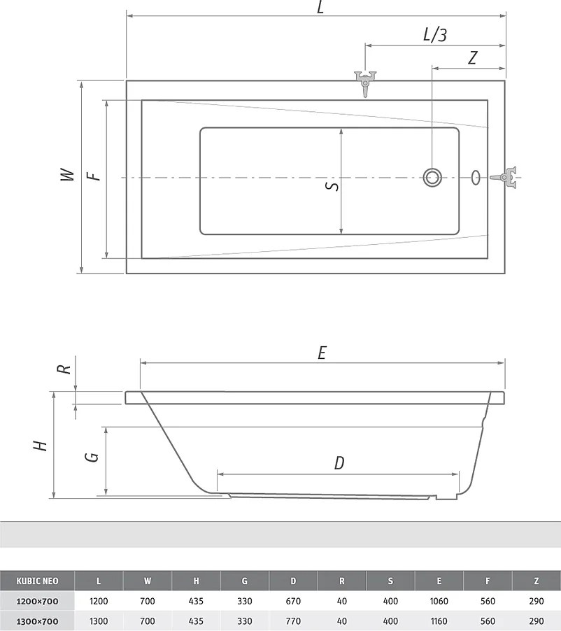 Obdélníková akrylátová vana KUBIC NEO SHORT S 1300 × 700 KUBIC NEO SHORT 130 cm 70 cm 160 l 9360000