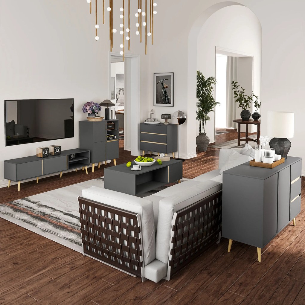 HOMCOM TV Stánek pro televizory do 55 palců, skandinávský design, 2 dveře, 2 police s vedením kabelů, 150 x 35 x 45 cm, tmavě šedá