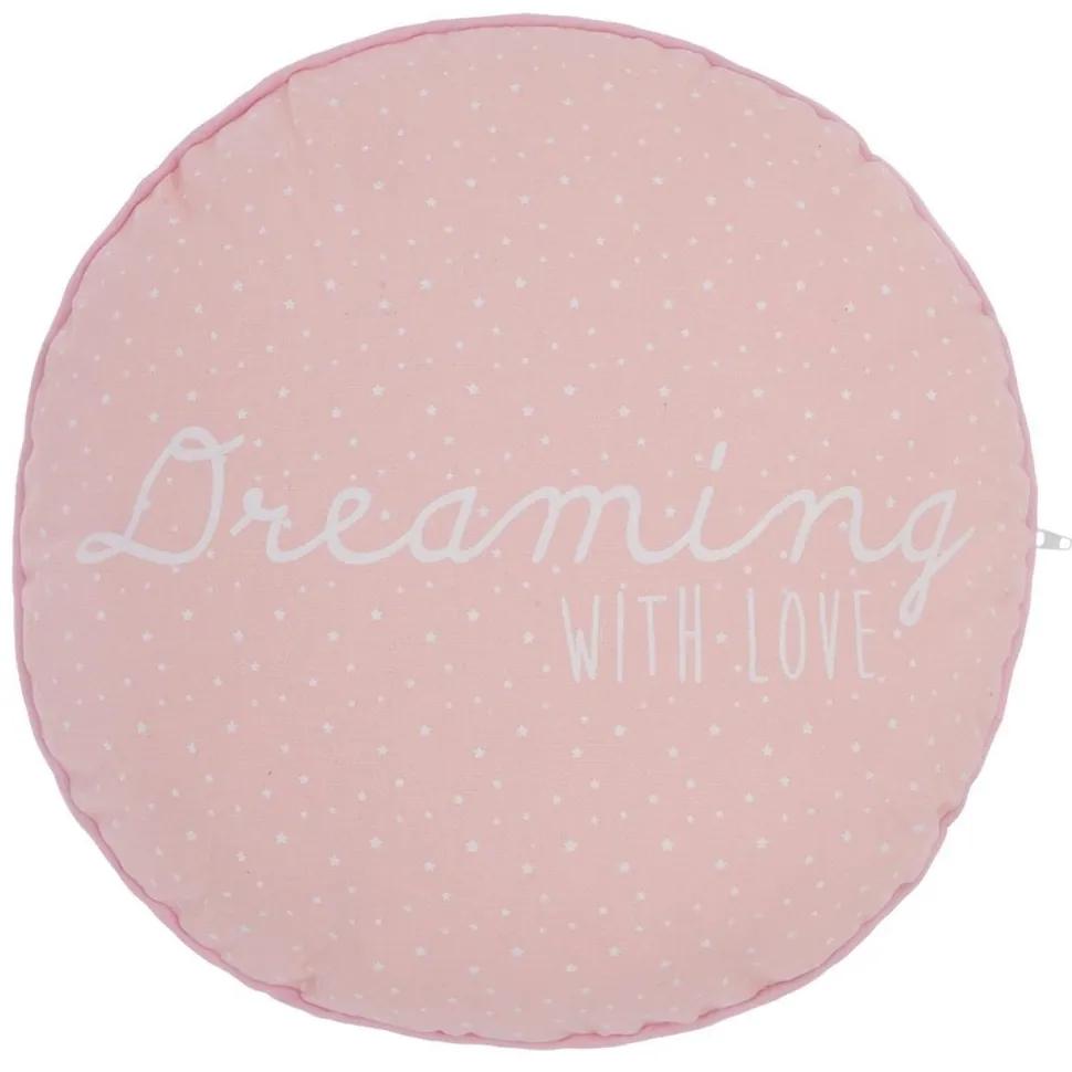 Růžový polštář, dekorativní polštář, kulatý polštář, měkký polštář, polštář s napisem - růžová barva - Ø 28 cm