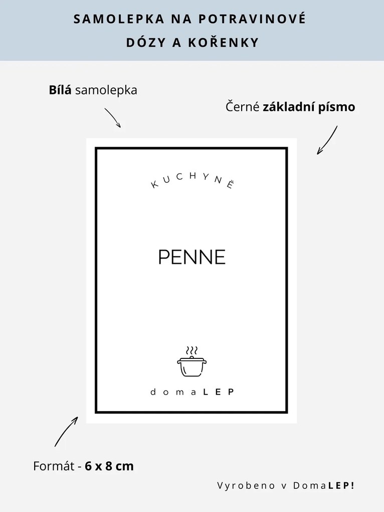 PENNE – bílá samolepka na dózu, základní písmo, 6 x 8 cm | DomaLEP