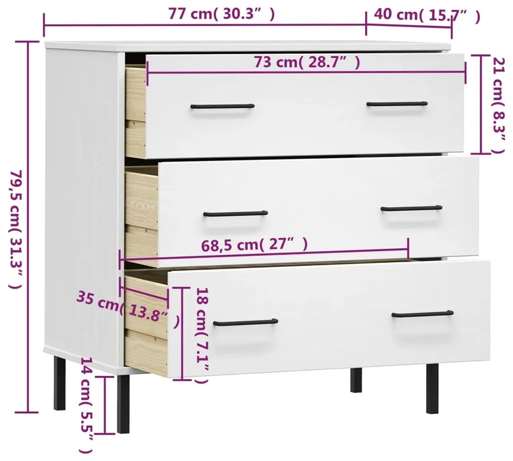 Příborník Oslo se 3 zásuvkami - masivní dřevo - 77x40x79,5 cm | bílý