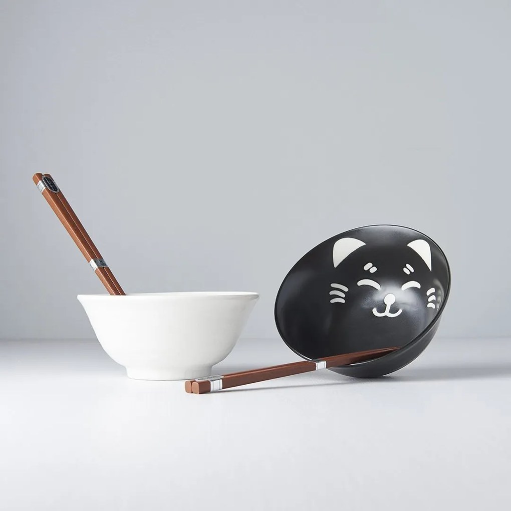 MADE IN JAPAN Set misek Cat Face Design s hůlkami 500 ml 2 ks 15 cm