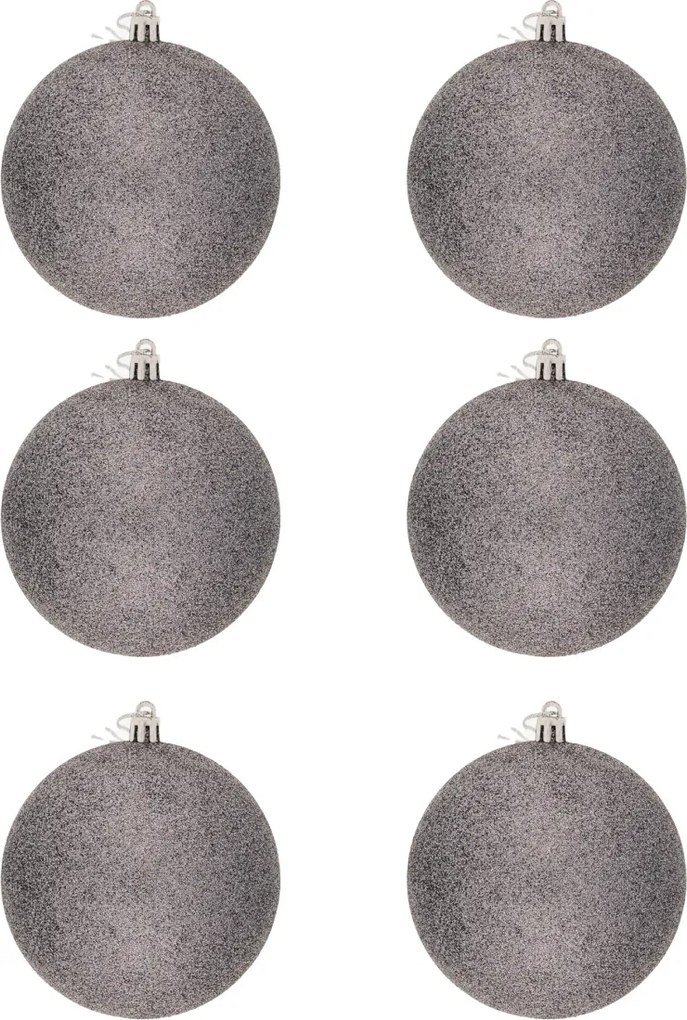 Sada vánočních ozdob šedá glitter 10 cm plastová koule, balení 6 ks
