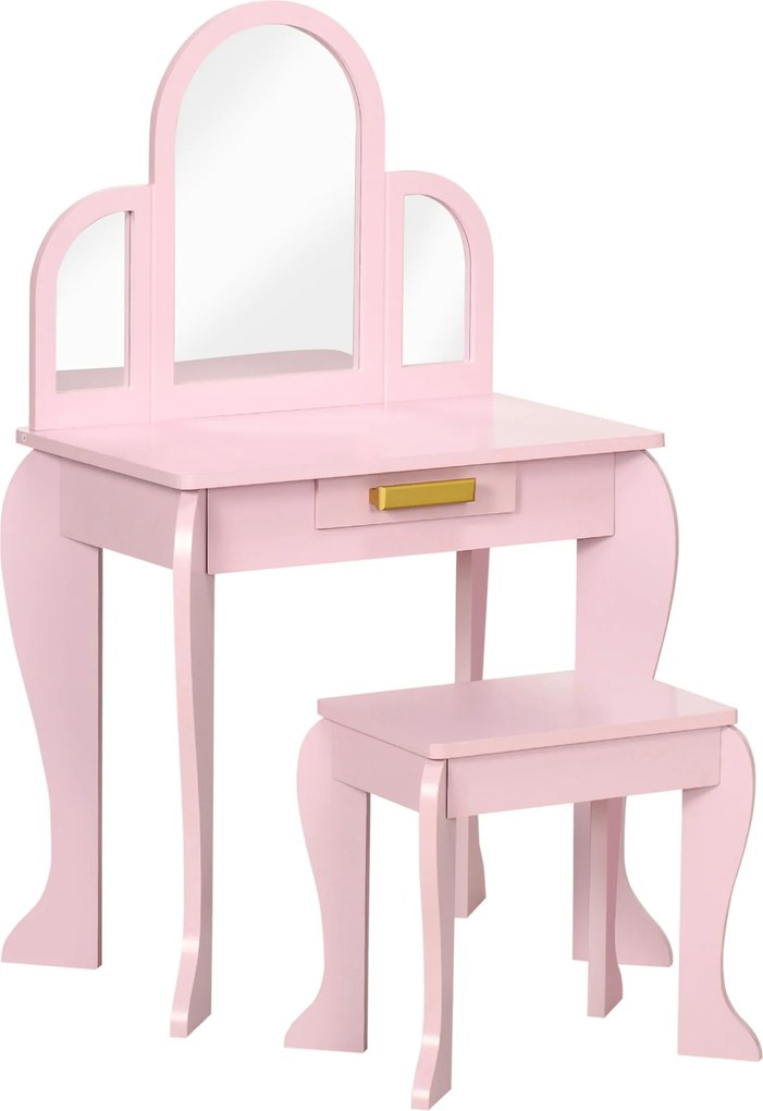 HOMCOM Dětský Toaletní Stolek s Taburetem a 3 Zrcadly - 3-6 let - 52 x 32 x 85 cm - Růžový