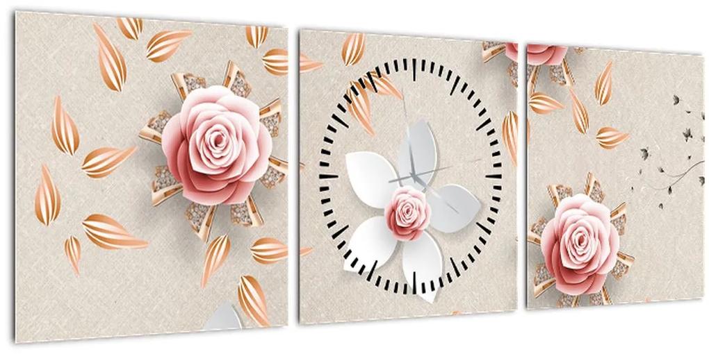 Obraz - Květy růží (s hodinami) (90x30 cm)