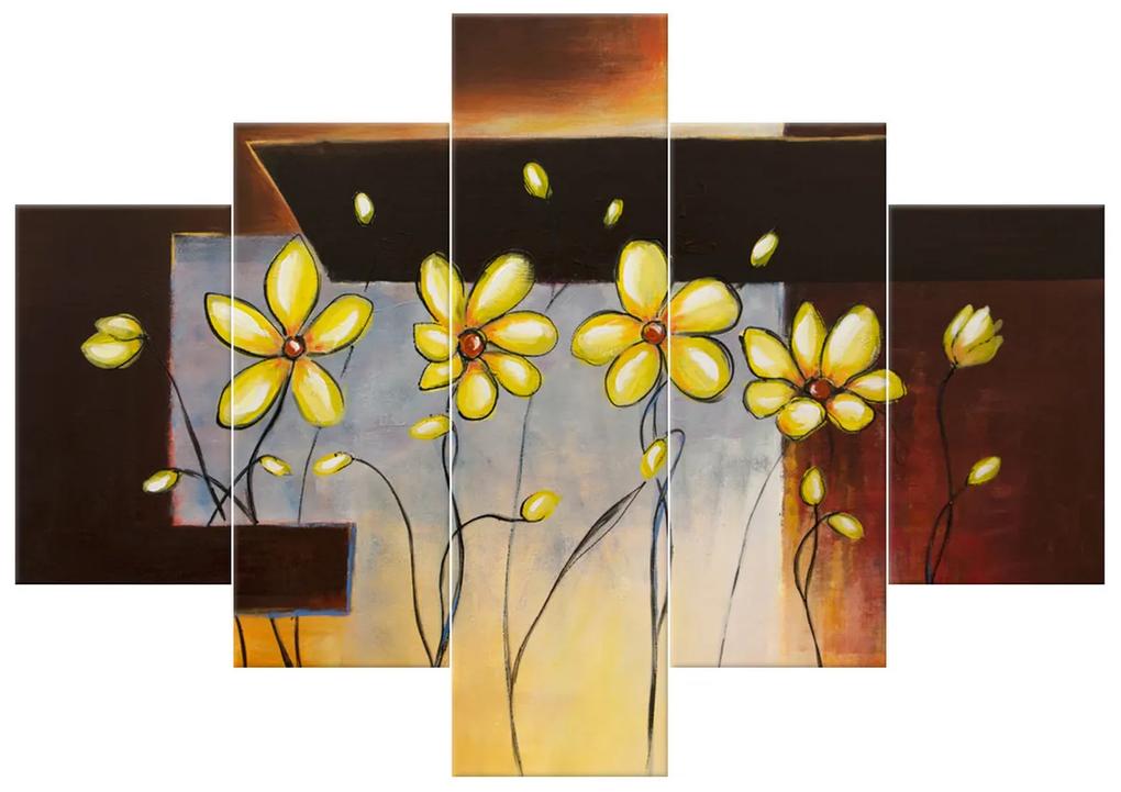 Gario Ručně malovaný obraz Žluté kvítky - 5 dílný Rozměry: 150 x 70 cm