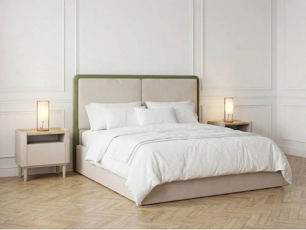 Zelená/béžová čalouněná dvoulůžková postel s úložným prostorem s roštem 160x200 cm Mara – Bobochic Paris