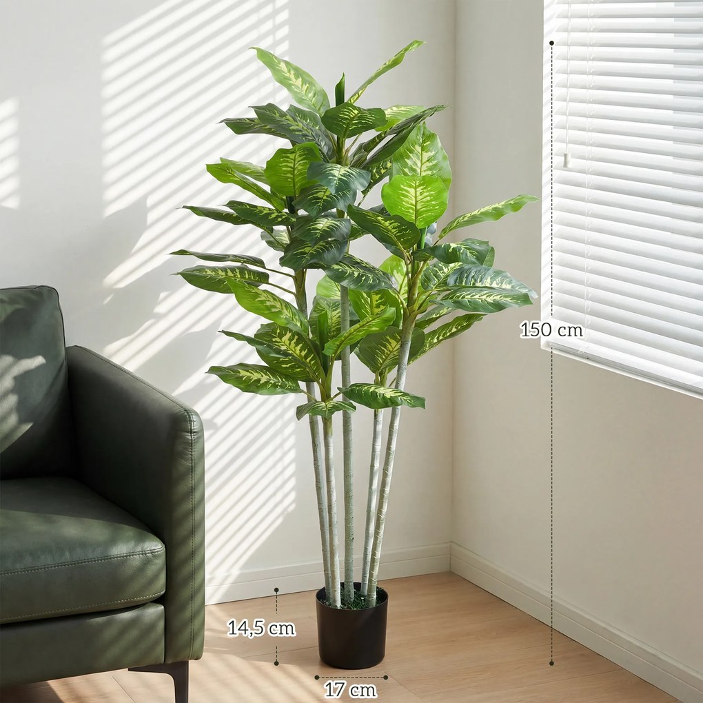 HOMCOM Umělá rostlina Calathea, 150 cm s cementovým květináčem — do interiéru