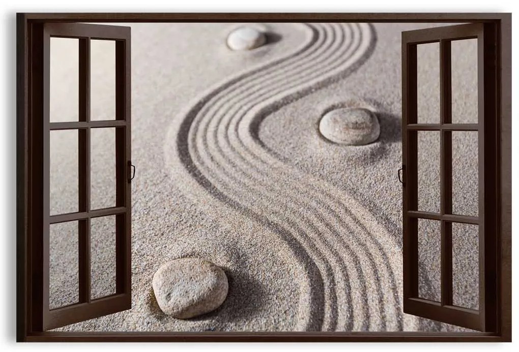 3D obraz okno stopy v písku Velikost (šířka x výška): 120x80 cm