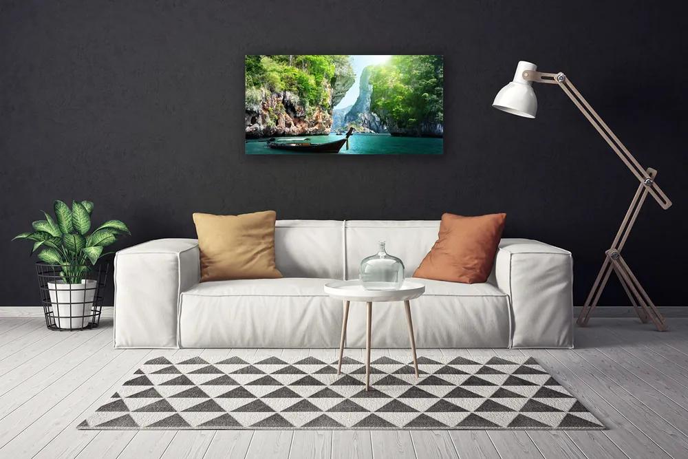 Obraz na plátně Hora Voda Loďka Příroda 120x60 cm