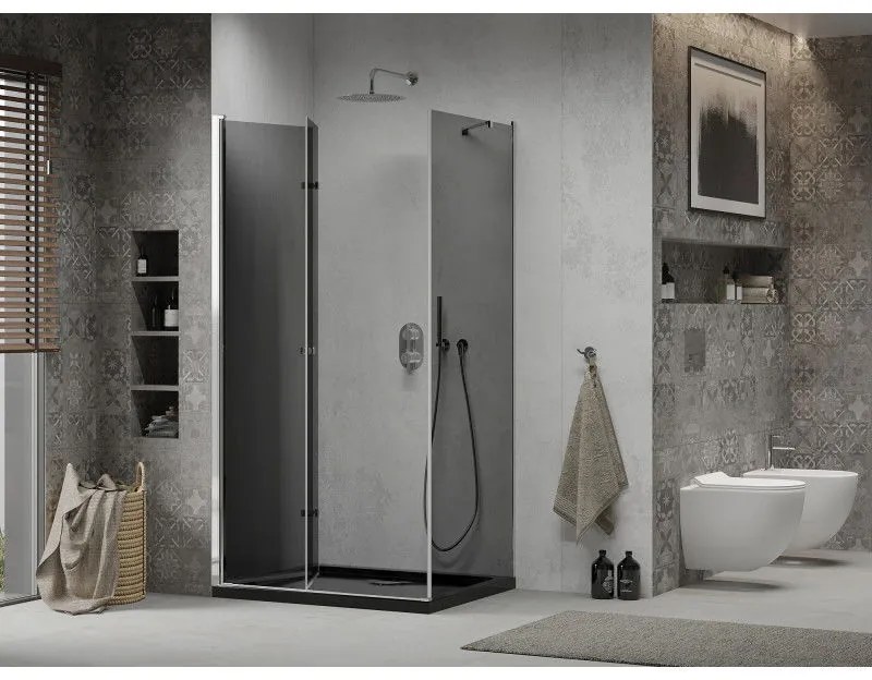 Mexen Lima, sprchový kout se skládacími dveřmi 100 (dveře) x 80 (stěna) cm, 6mm šedé sklo, chromový profil + slim sprchová vanička černá + chromový sifon, 856-100-080-01-40-4070