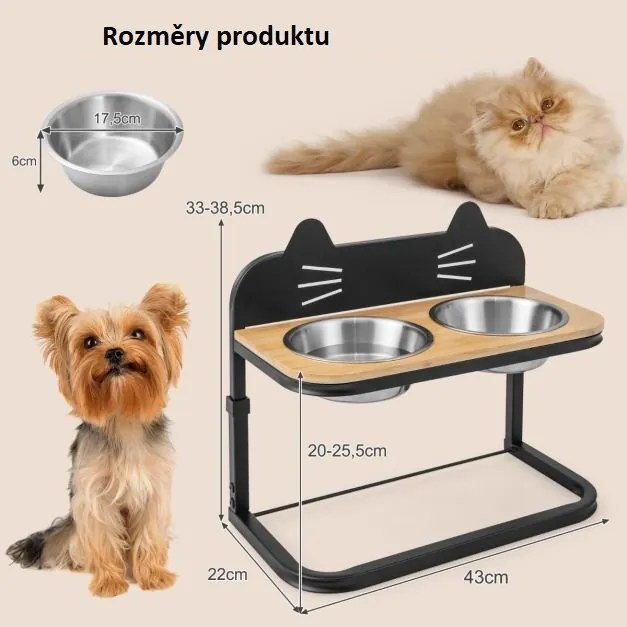 Costway Miska na krmení pro kočky výškově nastavitelná do 25,5 cm, černá PV10015