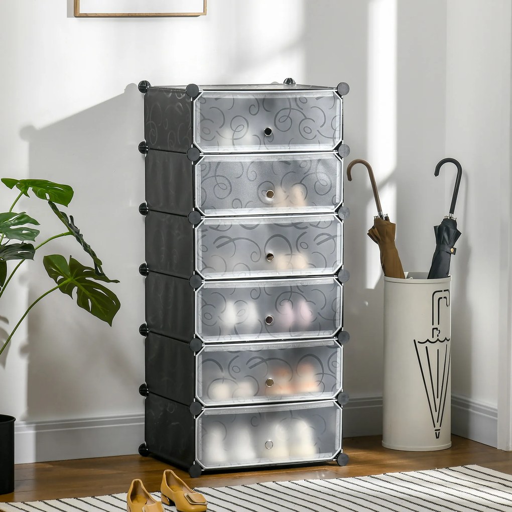 HOMCOM Úložný box na boty DIY zásuvný stojan na 6 párů bot, plast/ocel, černý+bílý, 49x36.5x108cm
