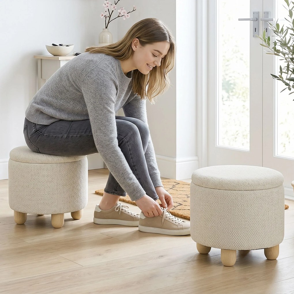 HOMCOM Stolička s úložným prostorem, kulatá sedací stolička s víkem, vzhled lnu pro obývací pokoj, ložnici, 38,5x38,5x33,5 cm Béžová