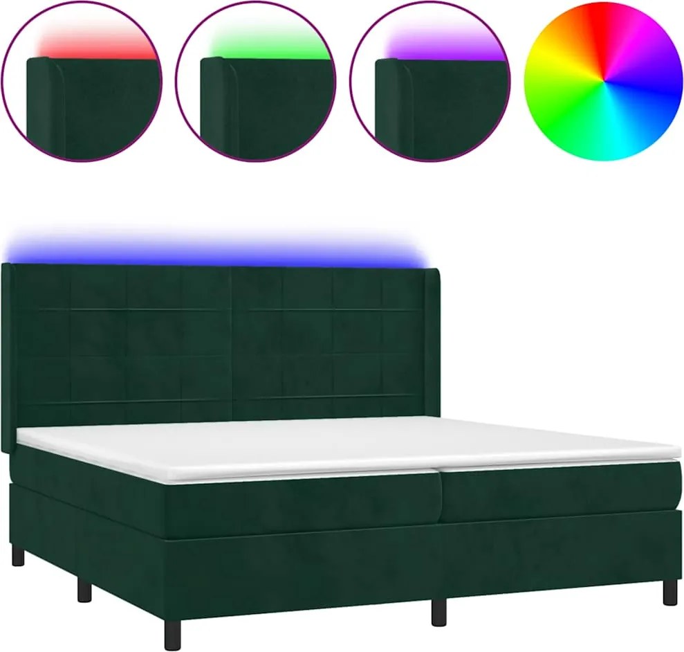 Box spring postel s matrací a LED tmavě zelená 200x200 cm samet 3139586
