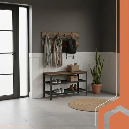 Botník s lavicí a věšákem RUHHY 27037 73 cm, industriální loft, hnědá deska