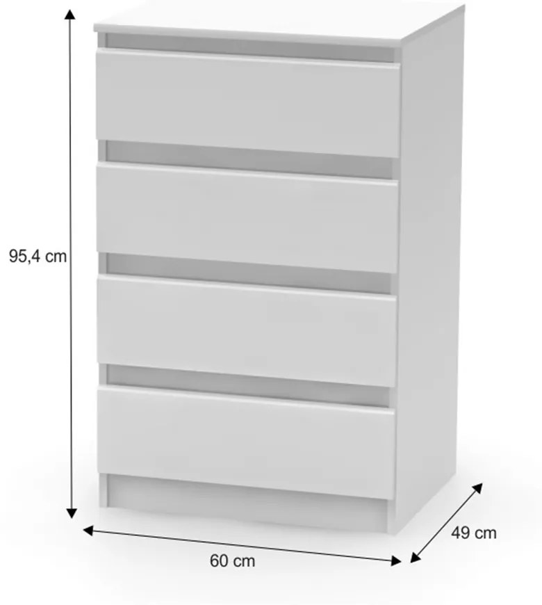 4 šuplíková komoda, bílá, HANY NEW 014