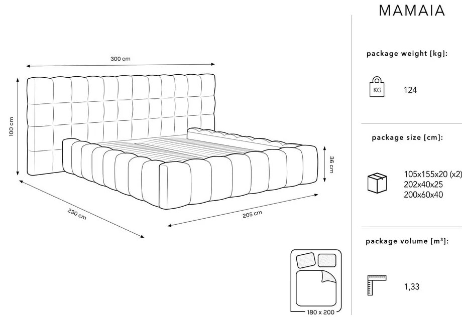 Světle šedá čalouněná dvoulůžková postel s úložným prostorem a roštem 180x200 cm Mamaia – Micadoni Home