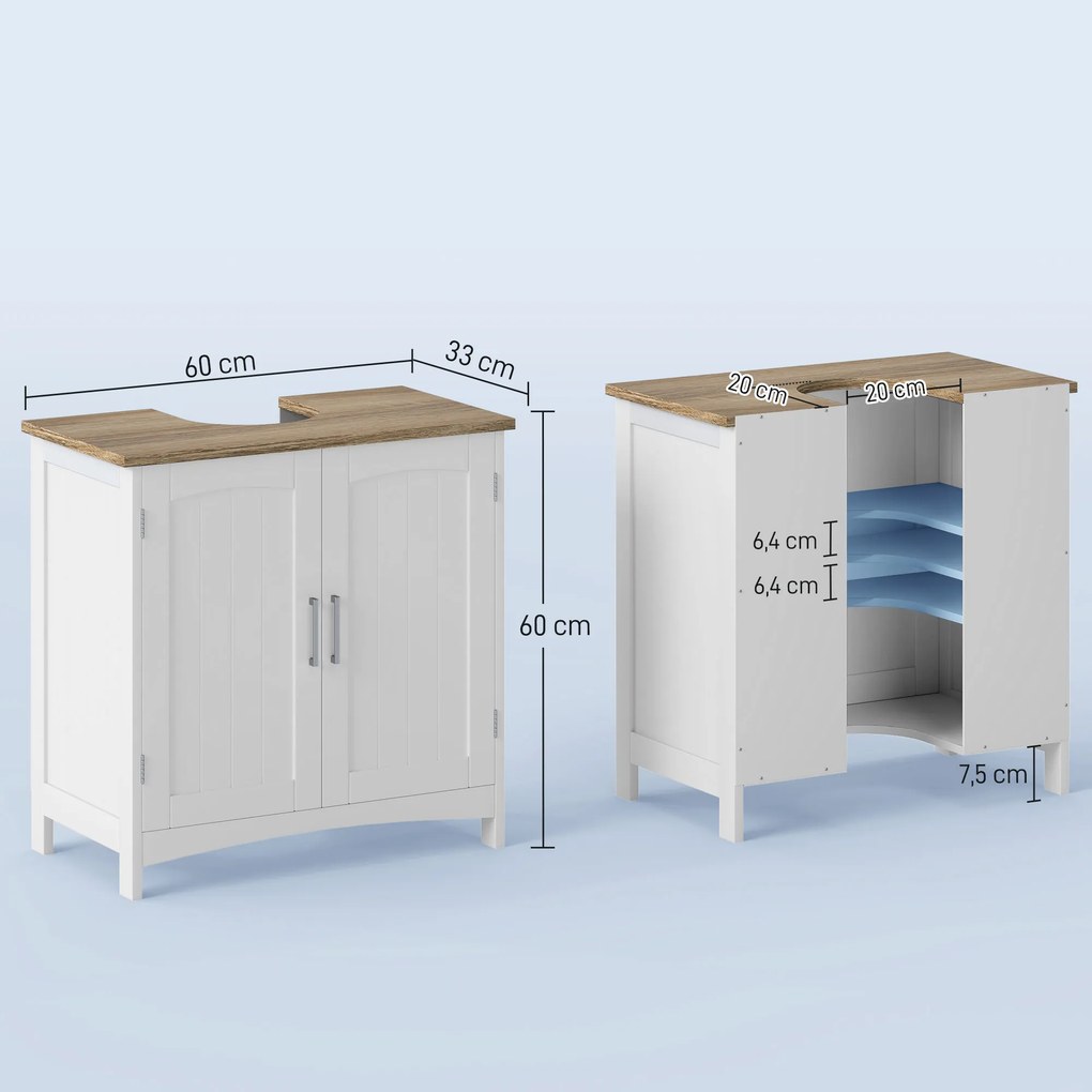 Kleankin Koupelnová skříňka pod umyvadlo s 2 dveřmi a nastavitelnou vnitřní policí, moderní styl, nosnost 40 kg, 60x30x60 cm, bílá